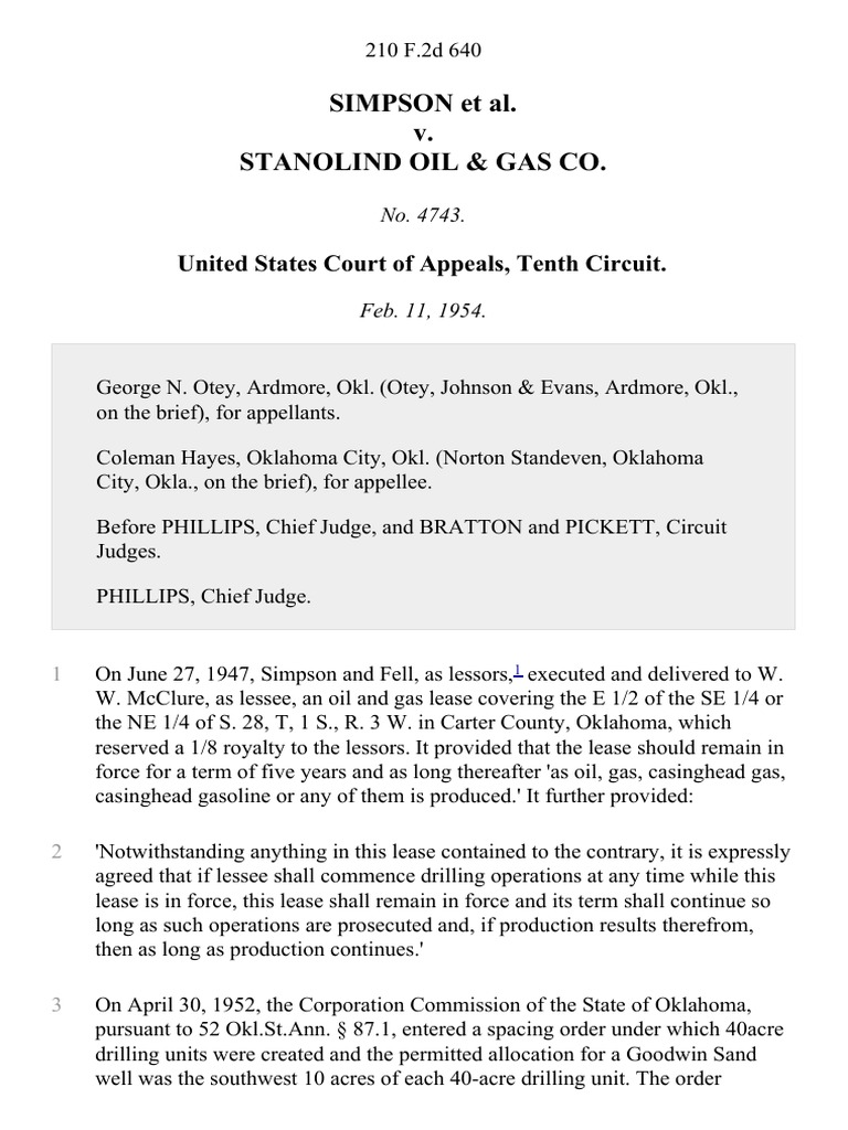 Simpson v. Stanolind Oil & Gas Co, 210 F.2d 640, 10th Cir. (1954) | PDF ...