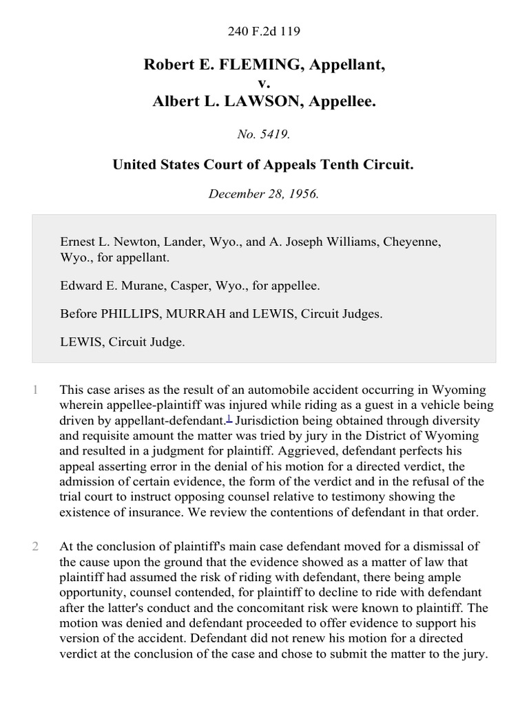 Robert E. Fleming v. Albert L. Lawson, 240 F.2d 119, 10th Cir. (1956) | PDF | Negligence | Witness