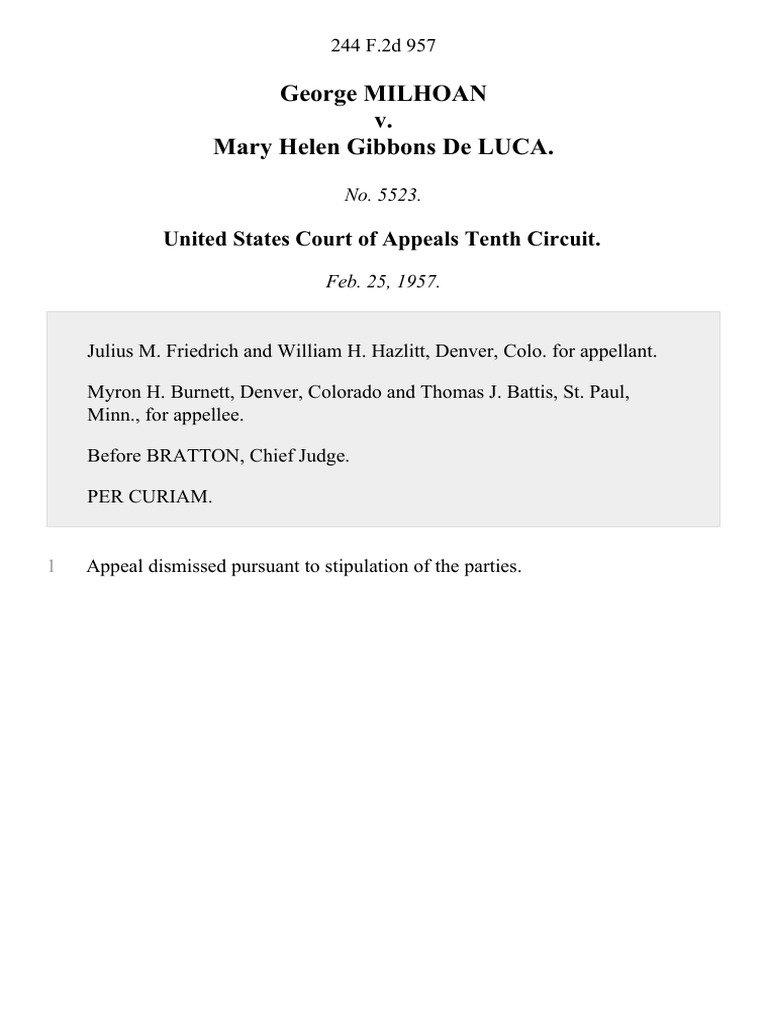 George Milhoan v. Mary Helen Gibbons de Luca, 244 F.2d 957, 10th Cir ...