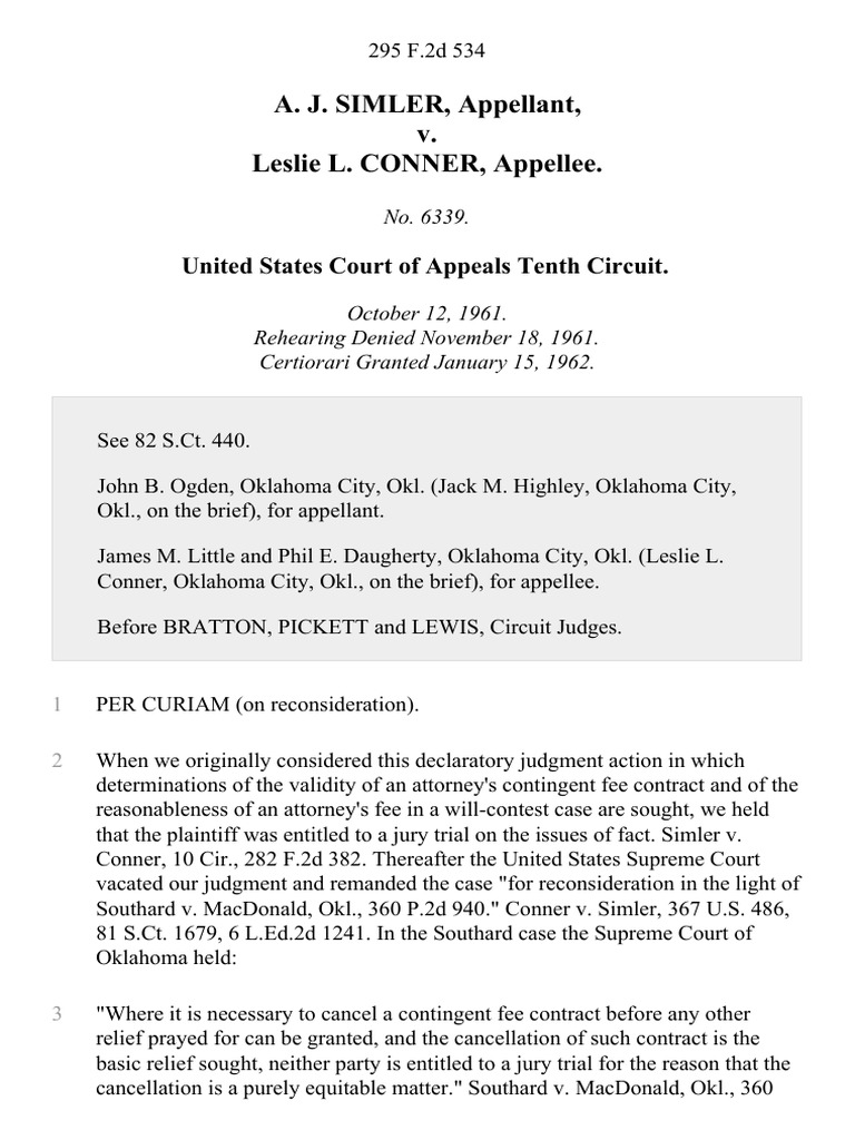 A. J. Simler v. Leslie L. Conner, 295 F.2d 534, 10th Cir. (1962) | PDF ...