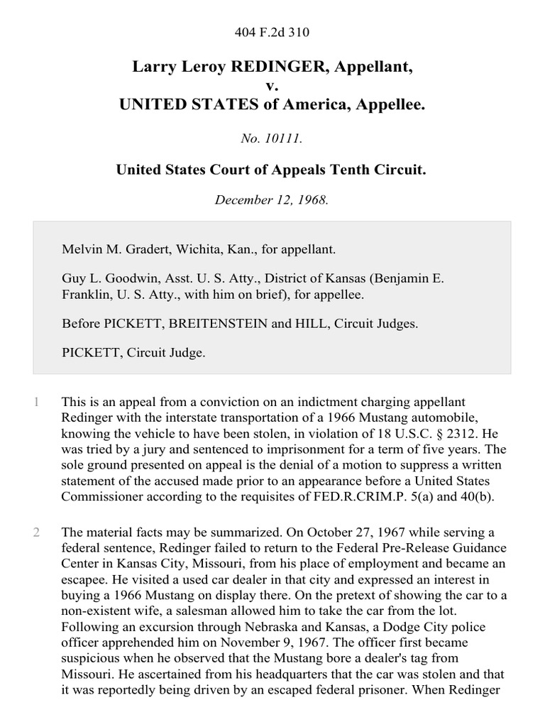 Larry Leroy Redinger v. United States, 404 F.2d 310, 10th Cir. (1968 ...