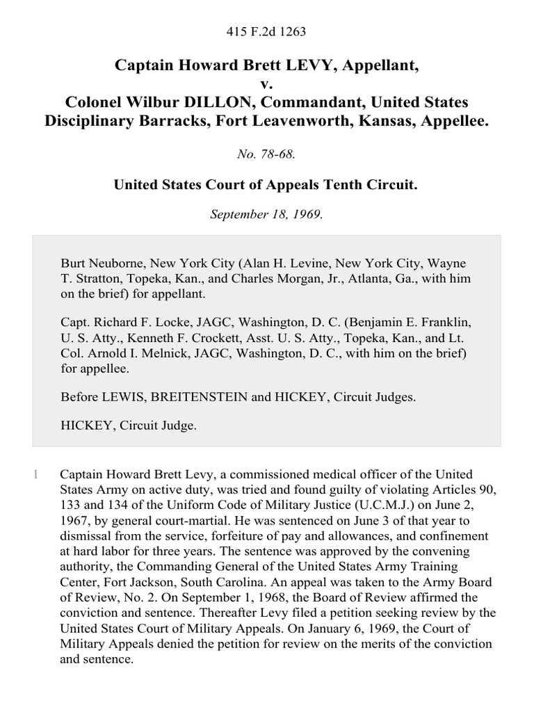 Captain Howard Brett LEVY, Appellant, v. Colonel Wilbur DILLON ...