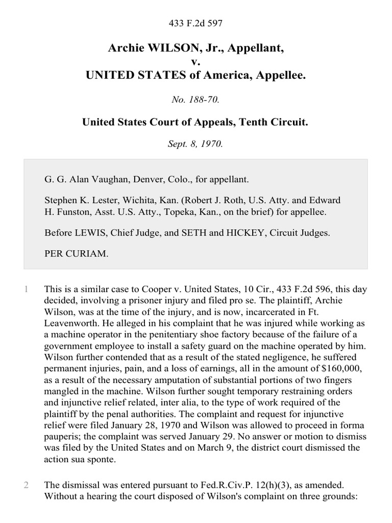 Archie Wilson, Jr. v. United States, 433 F.2d 597, 10th Cir. (1970 ...