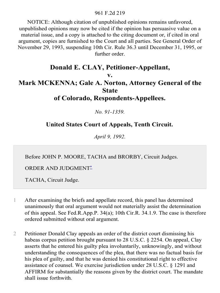 Donald E. Clay v. Mark McKenna Gale A. Norton, Attorney General of The ...