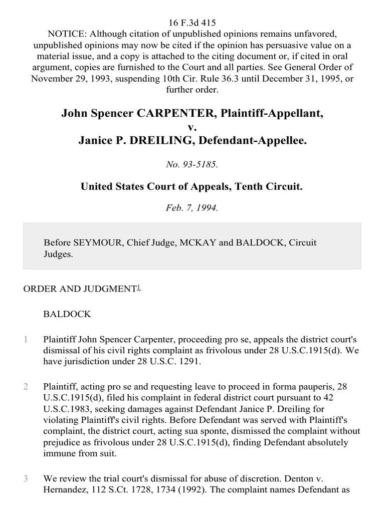 John Spencer Carpenter v. Janice P. Dreiling, 16 F.3d 415, 10th Cir ...
