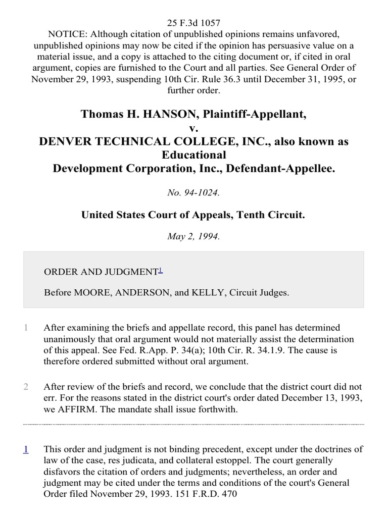 Thomas H. Hanson v. Denver Technical College, Inc., Also Known As ...
