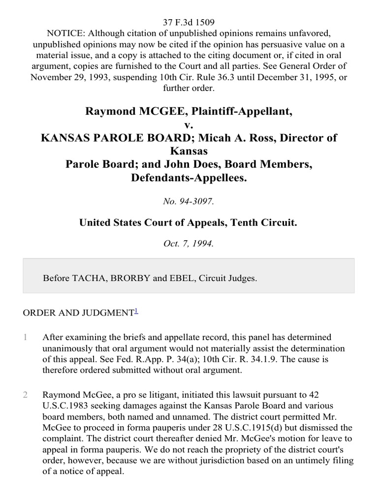 Raymond McGee v. Kansas Parole Board Micah A. Ross, Director of Kansas ...