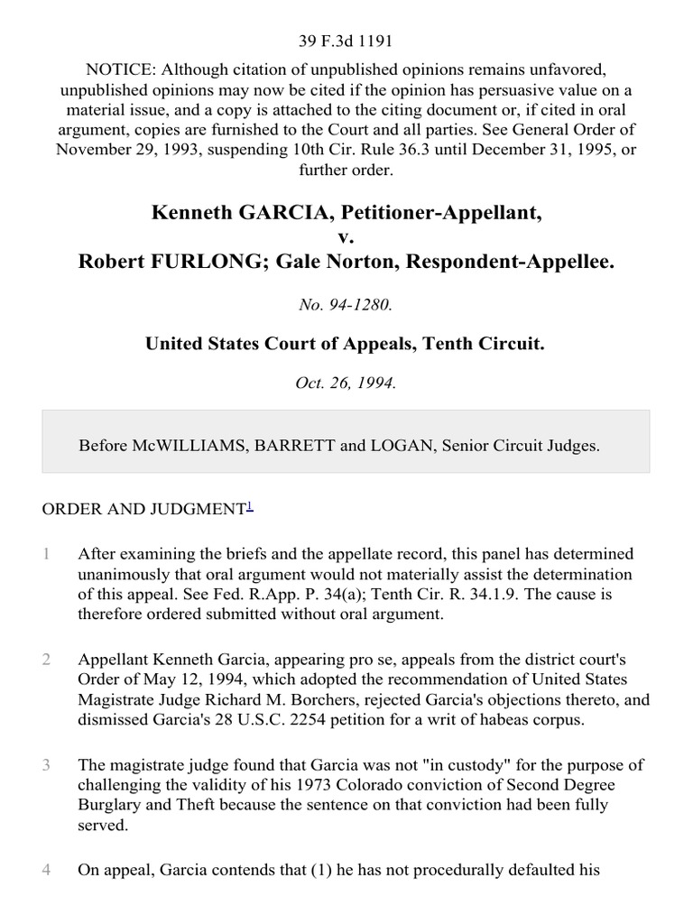 Kenneth Garcia v. Robert Furlong Gale Norton, 39 F.3d 1191, 10th Cir ...