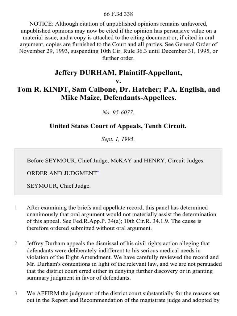 Jeffery Durham v. Tom R. Kindt, Sam Calbone, Dr. Hatcher P.A. English ...
