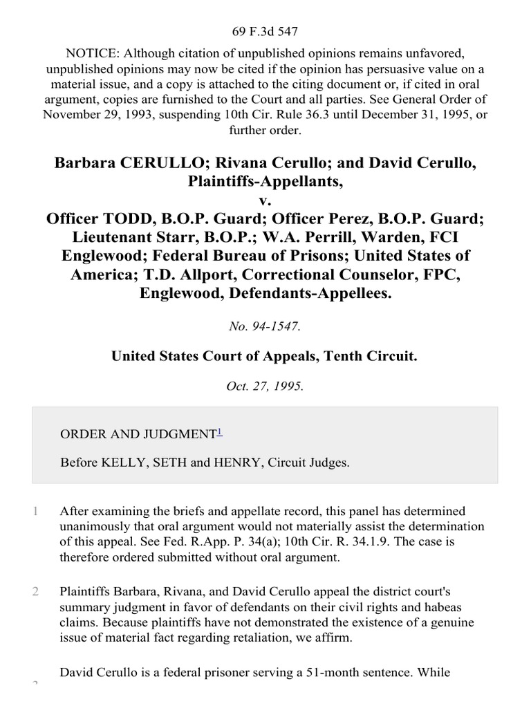 Cerullo v. B.O.P.: Retaliation Claims Denied | PDF | Summary Judgment ...