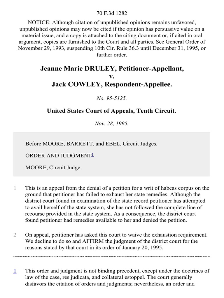 Jeanne Marie Druley v. Jack Cowley, 70 F.3d 1282, 10th Cir. (1995 ...