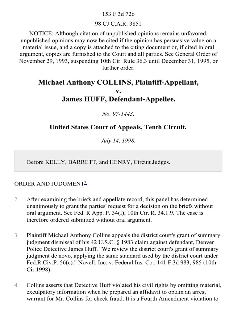 Michael Anthony Collins v. James Huff, 153 F.3d 726, 10th Cir. (1998) | PDF