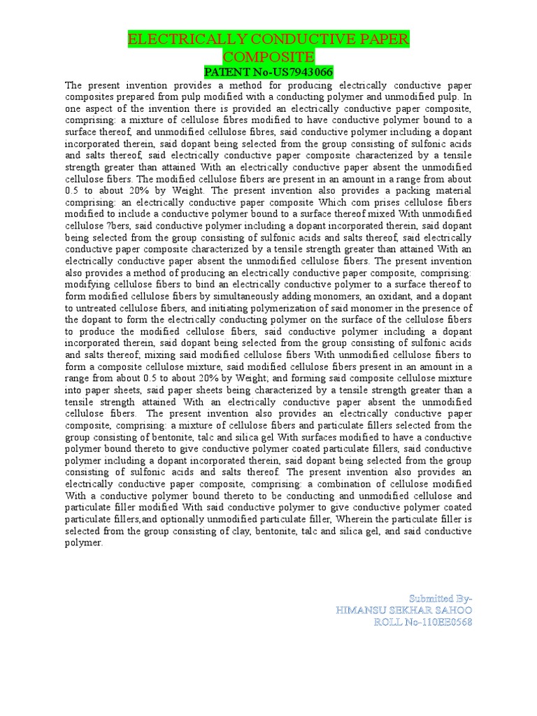 Electrically Conductive Paper Composite: PATENT No-US7943066 | PDF ...