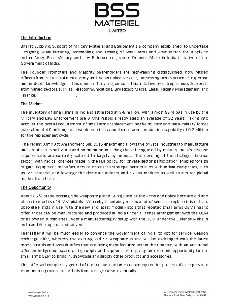 BSS JV Proposal For SA and Ammunition Manufacturing | PDF | Military ...