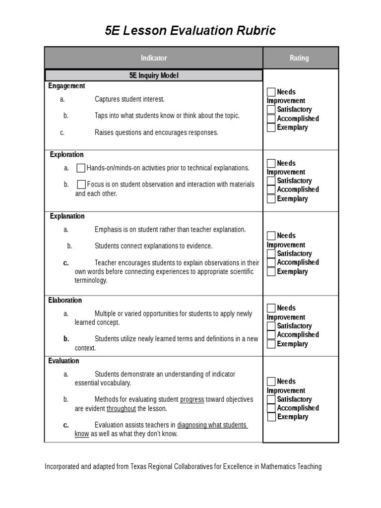 5E Lesson Evaluation Rubric: 5E Inquiry Model Engagement Improvement | PDF