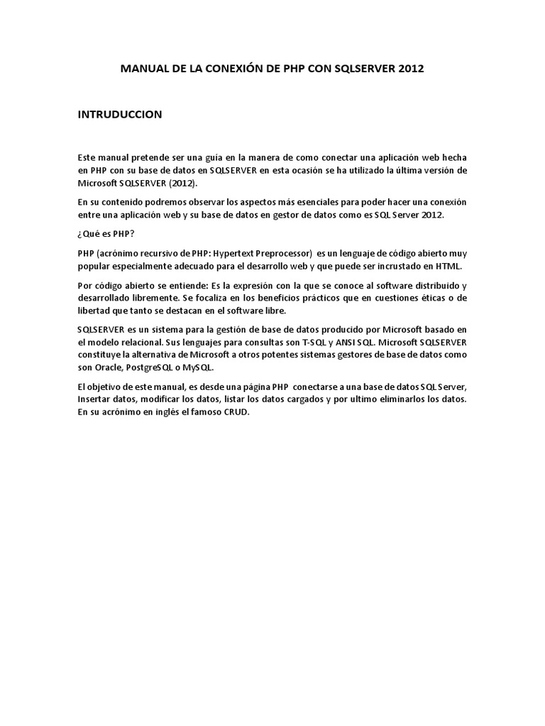 Manual de La Conexión de PHP Con Sqlserver 2012 | PDF | Servidor SQL de ...