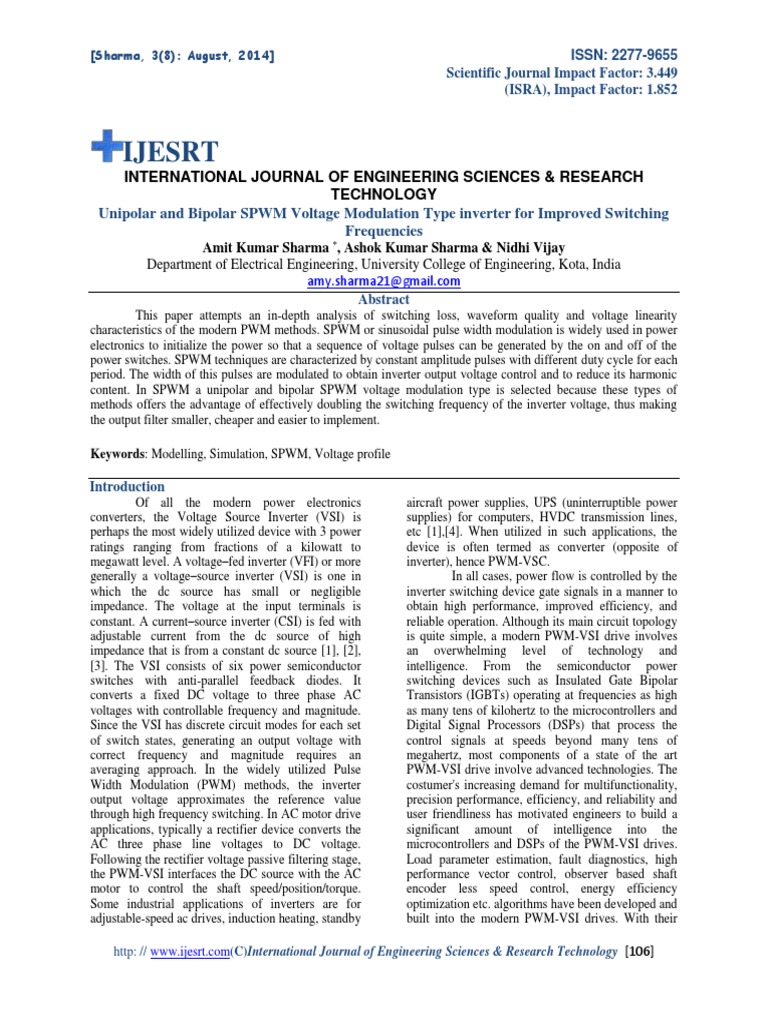 Unipolar and Bipolar SPWM Voltage Modulation Type Inverter For Improved ...