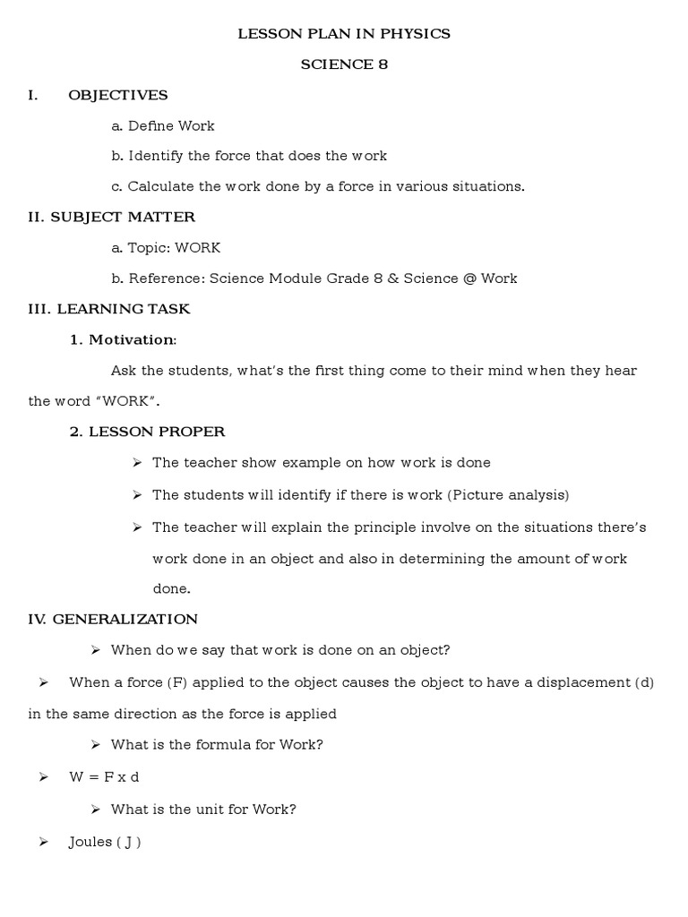 Calculating Work Done: A Physics Lesson Plan on Defining Work ...