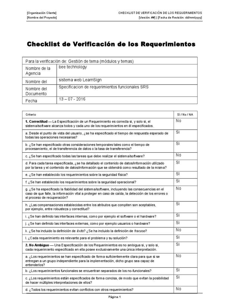 Check List Verificacion de Requerimientos | Software | Áreas de informática