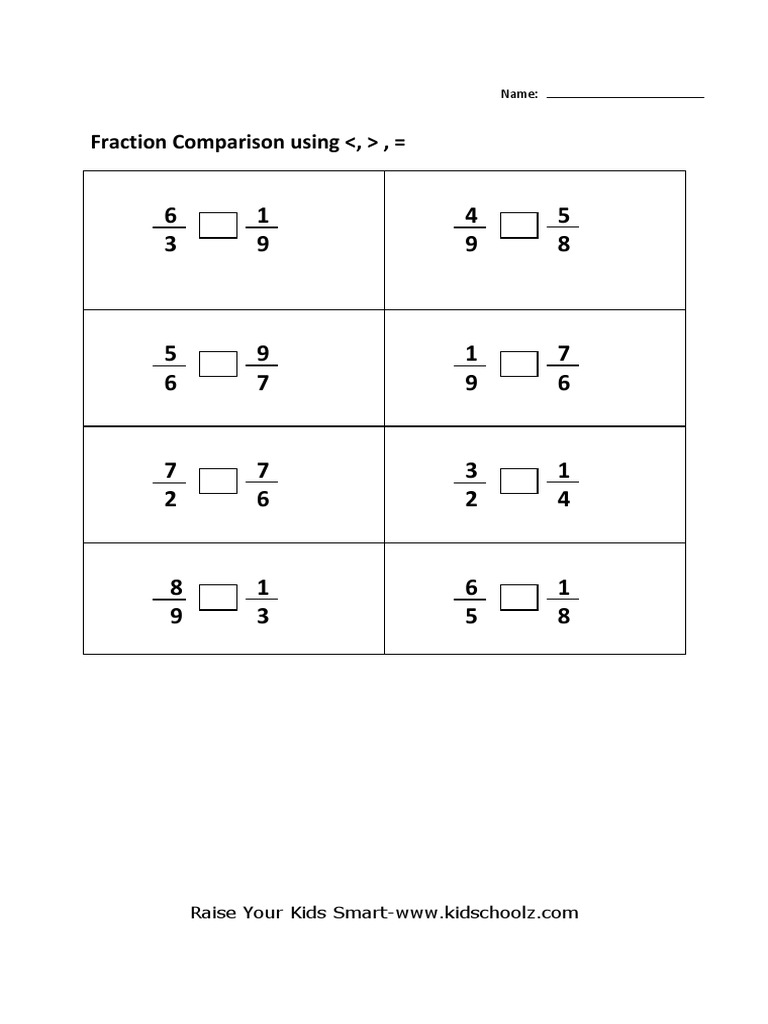 Fraction Comparison Worksheet for Kids | PDF