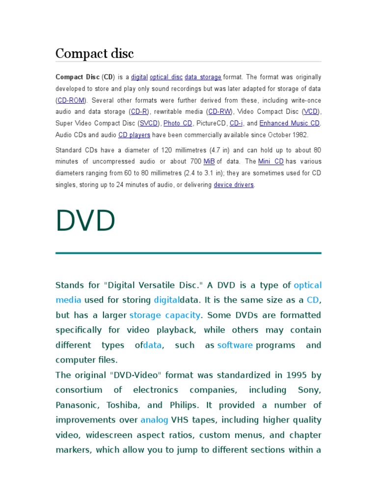 Compact Disc: Optical Media Digital CD Storage Capacity Data Software ...