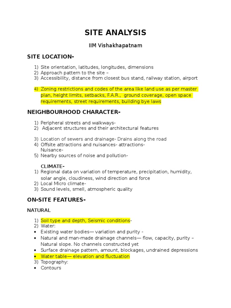 Case Study and Site Analysis Checklist | PDF | Drainage | Lighting