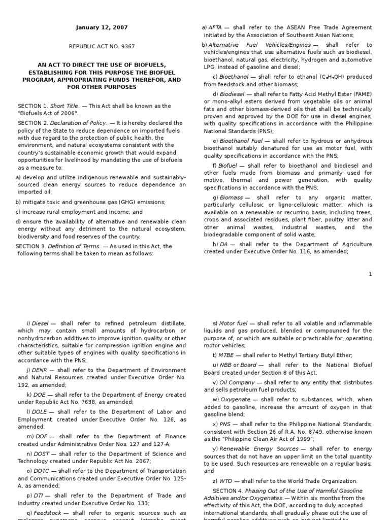 RA 9367, Biofuels Act of 2006 | PDF | Biofuel | Gasoline