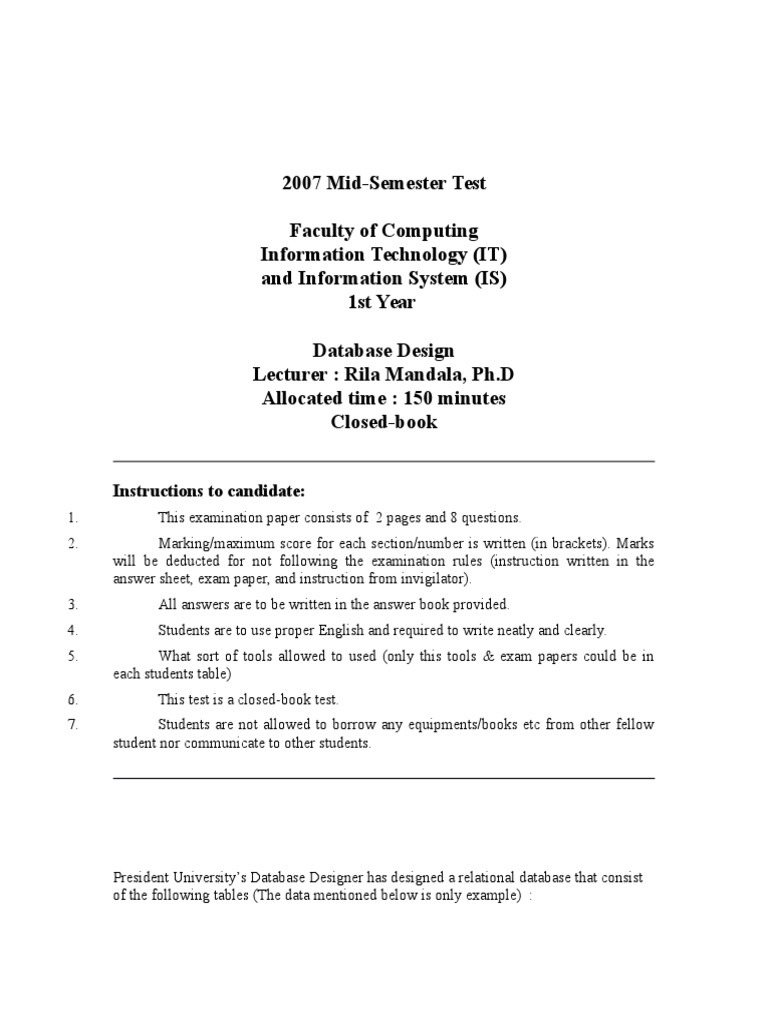 2007 Mid-Semester Test: Database Design Exam for 1st Year IT and IS ...