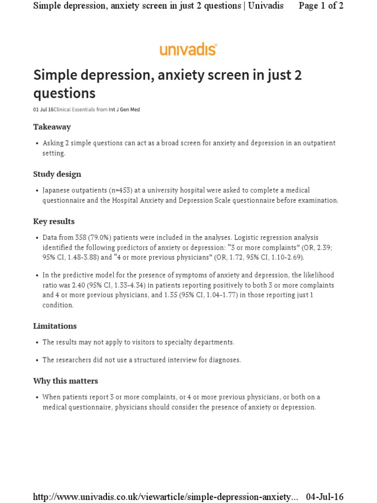 Simple Depression Anxiety 2 Simple Screenin Questions | PDF
