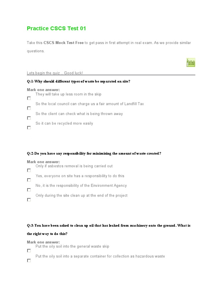 Practice CSCS Test 01 | PDF | Recycling | Waste