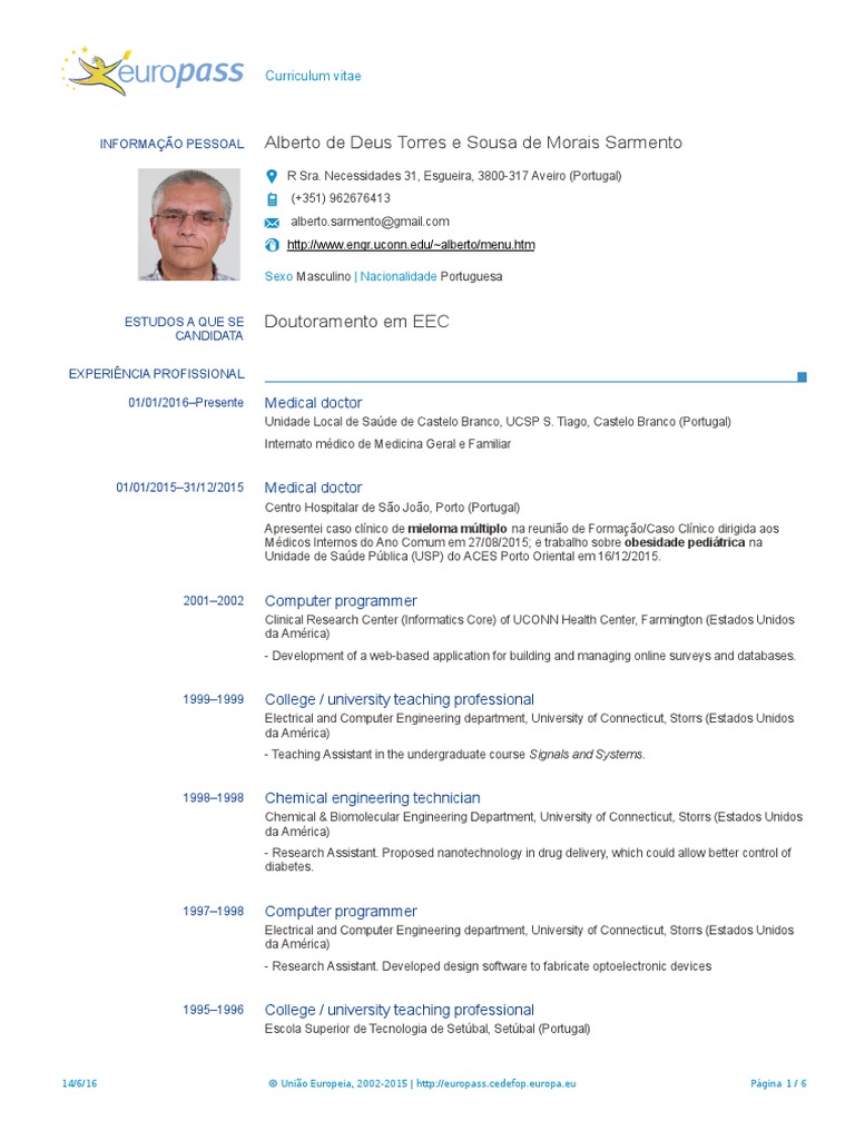 CV Europass 20160614 TorresESousaDeMoraisSarmento PT | PDF | Portugal ...