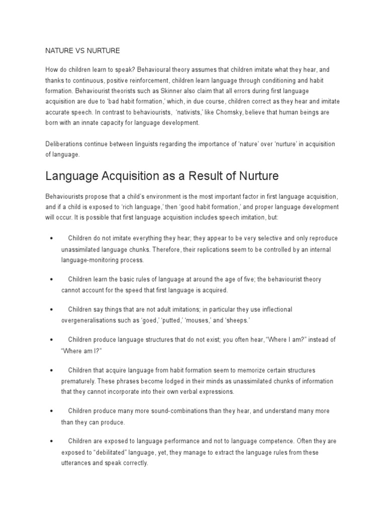 Nature Vs Nurture | PDF | Language Acquisition | Language Development