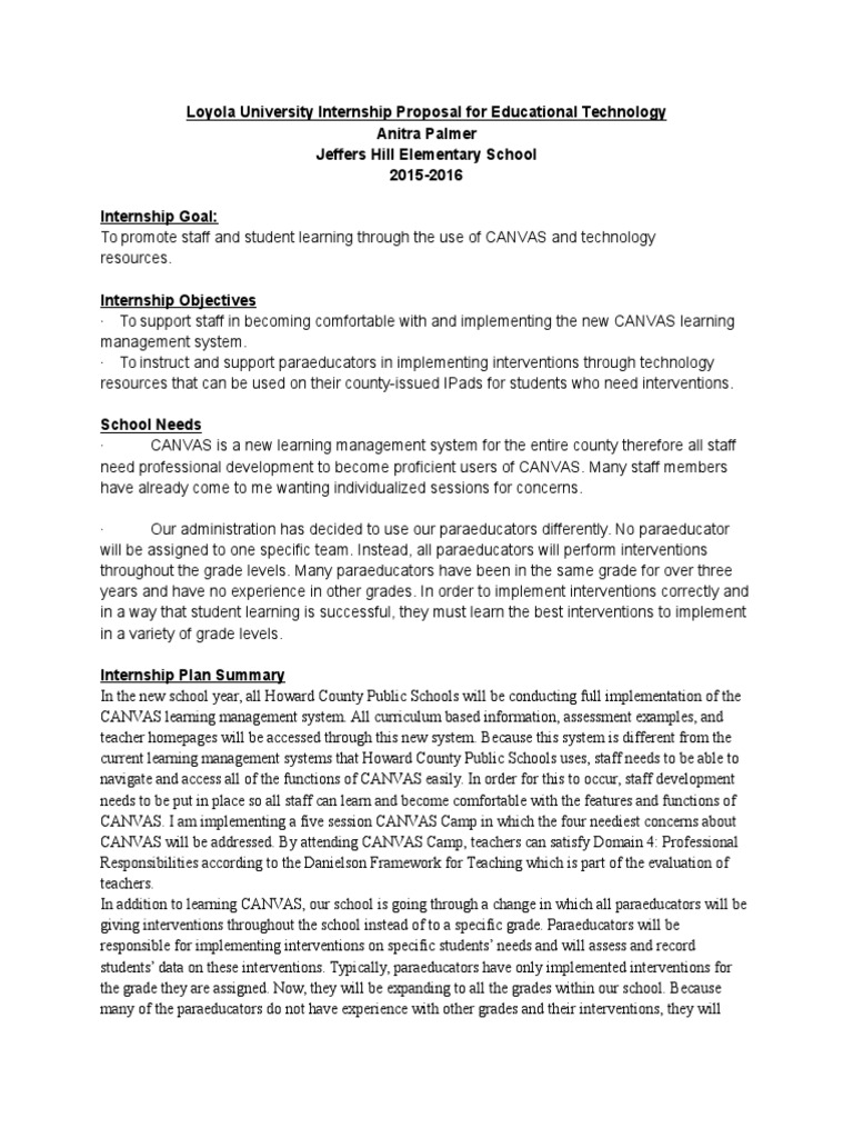 Loyola University Internship Proposal For Educational Technology Anitra ...