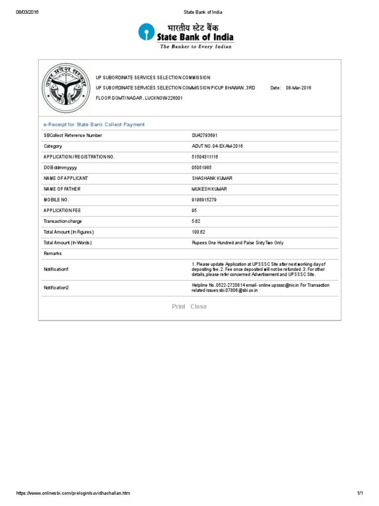 E Receipt For State Bank Collect Payment: Print Close | PDF