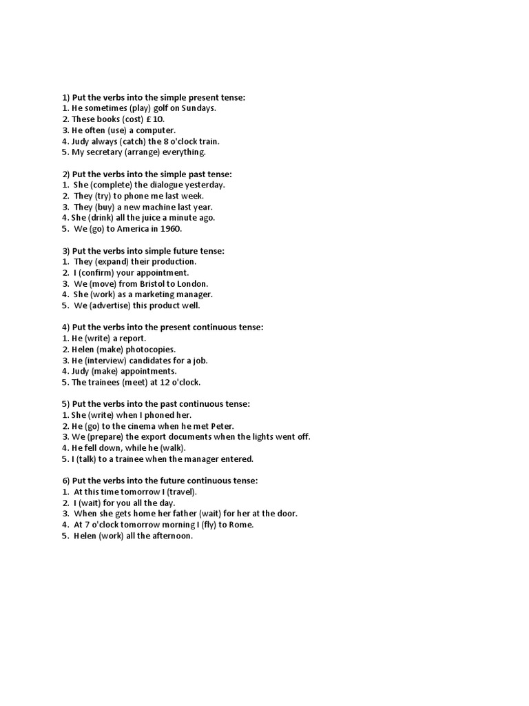 Tenses Worksheet | PDF | Grammatical Tense | Perfect (Grammar)