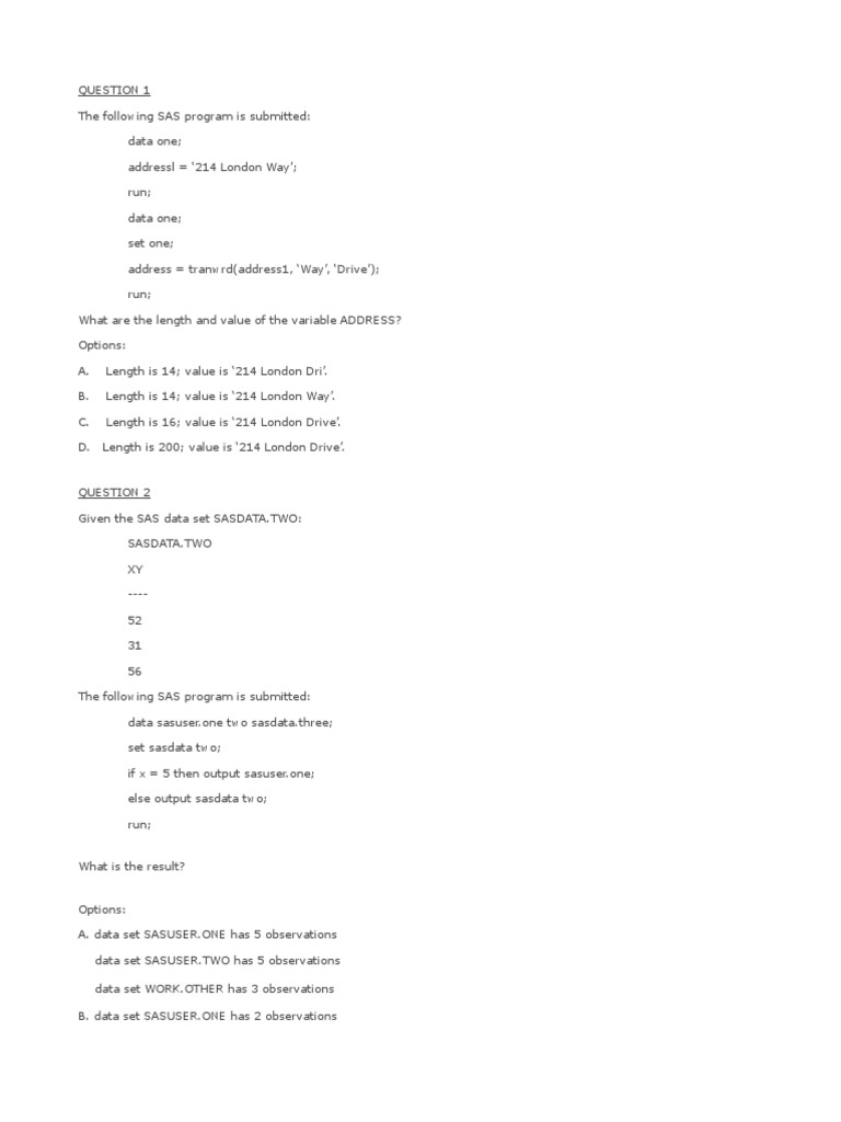 SAS Programming Quiz: Questions & Options | PDF