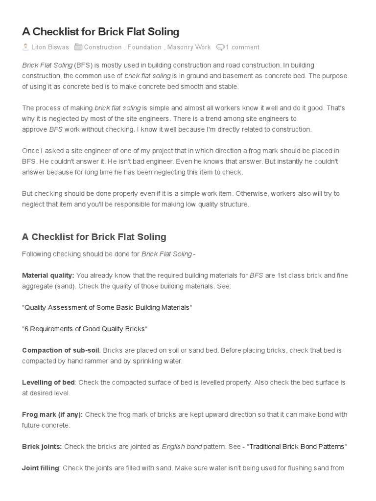 A Checklist For Brick Flat Soling - A Civil Engineer | PDF