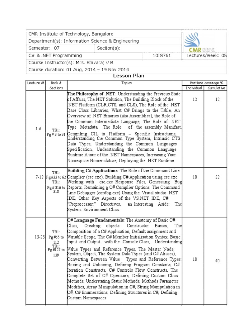 Net Lesson Plan | PDF | C Sharp (Programming Language) | C (Programming Language)