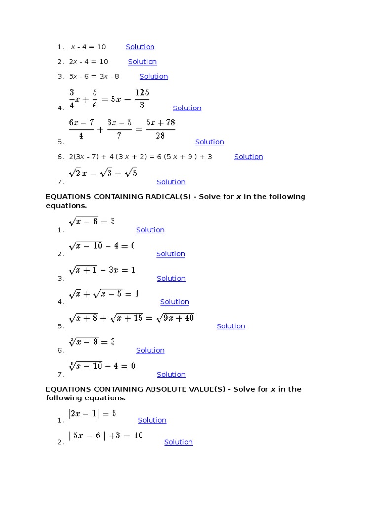 X - 4 10 2. 2x - 4 10 3. 5x - 6 3x - 8: Solution Solution Solution | PDF