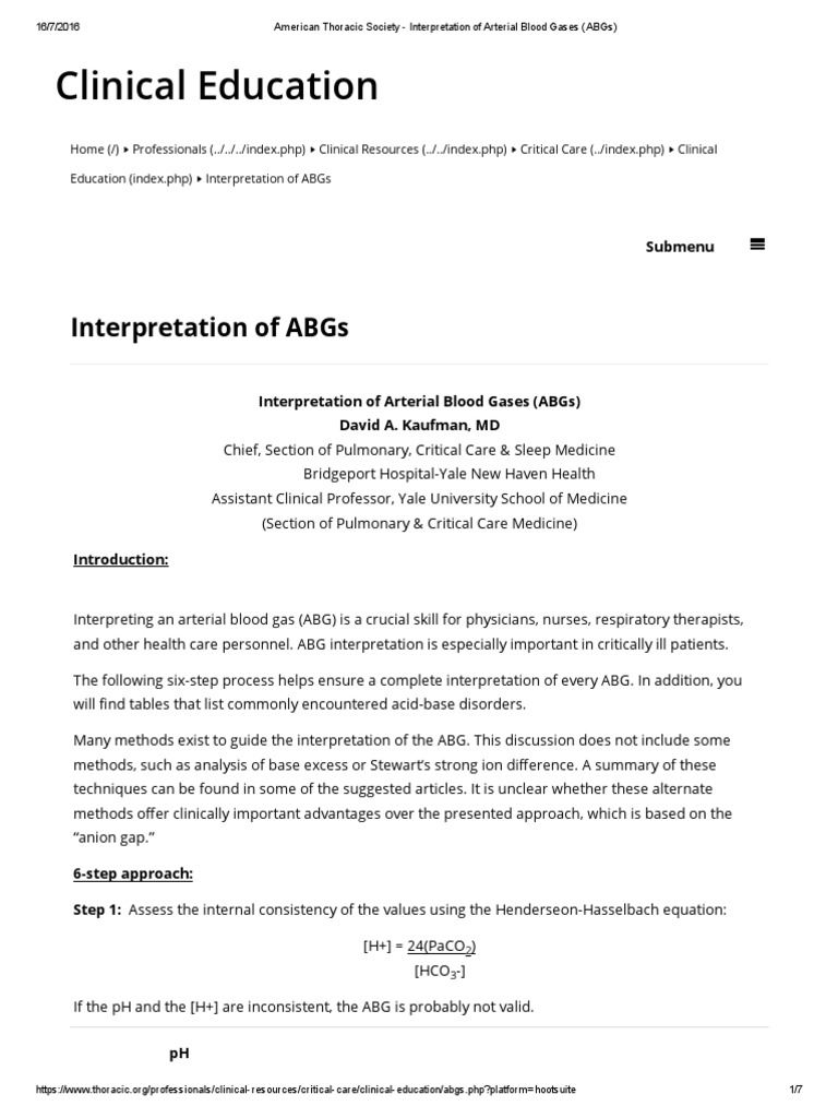 American Thoracic Society - Interpretation of Arterial Blood Gases ...