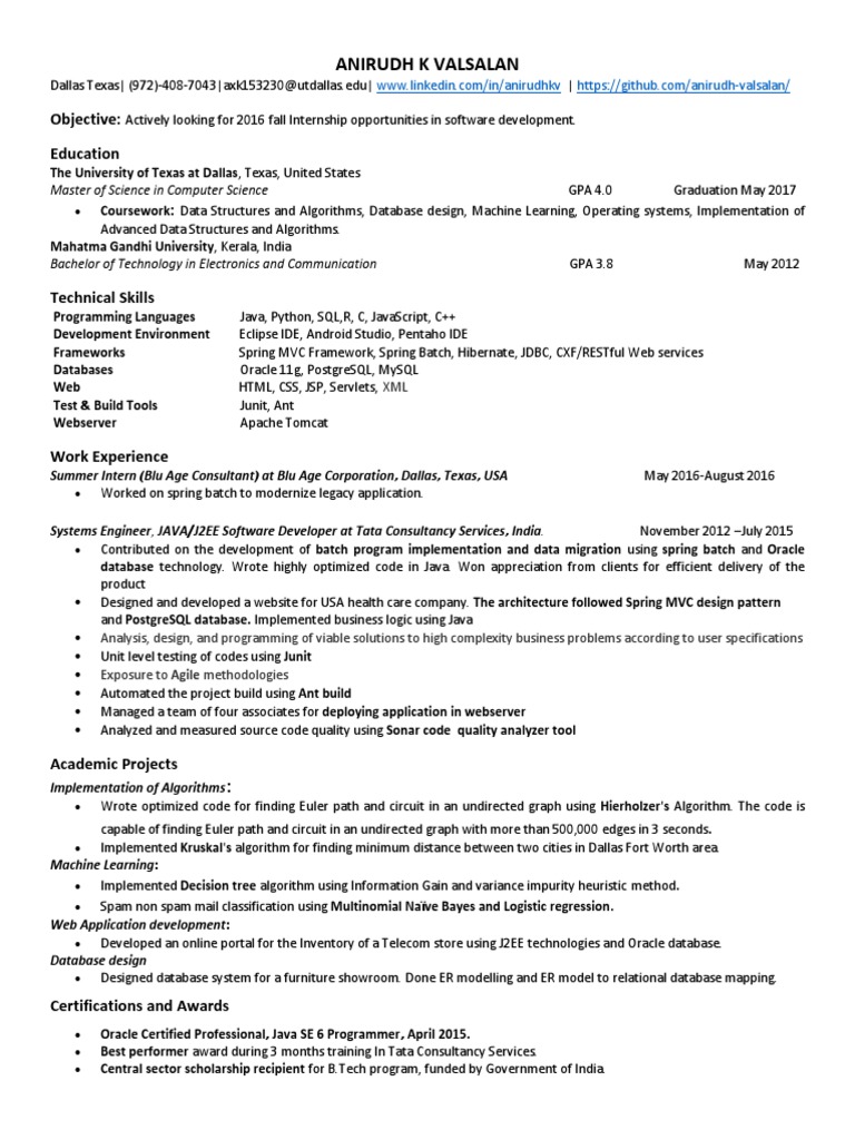 Resume Anirudh PDF | PDF | Spring Framework | Java (Programming Language)