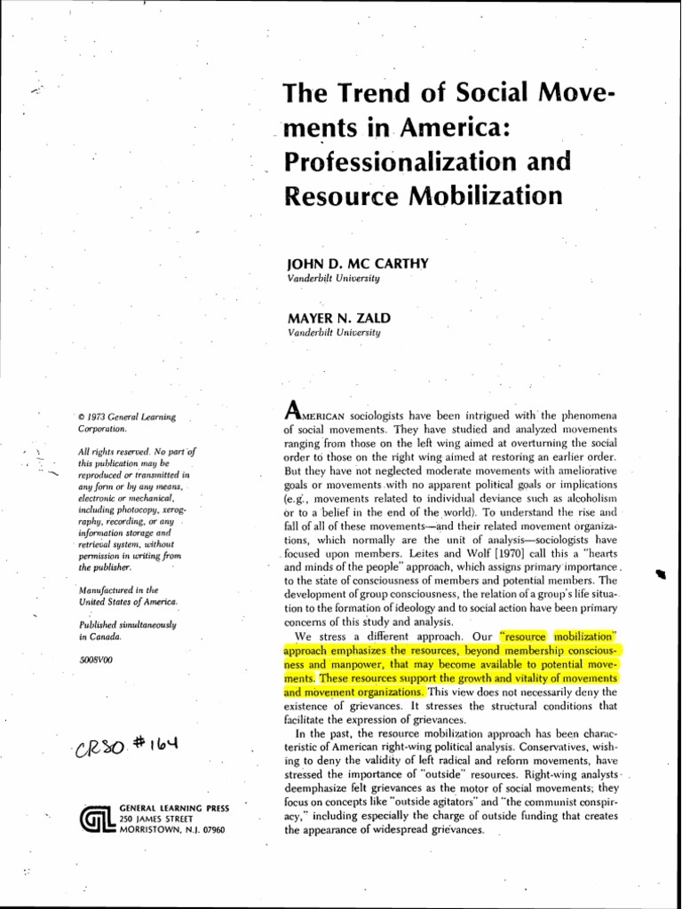 Trends of Social Movements in America - John McCarthy e Mayer Zald ...