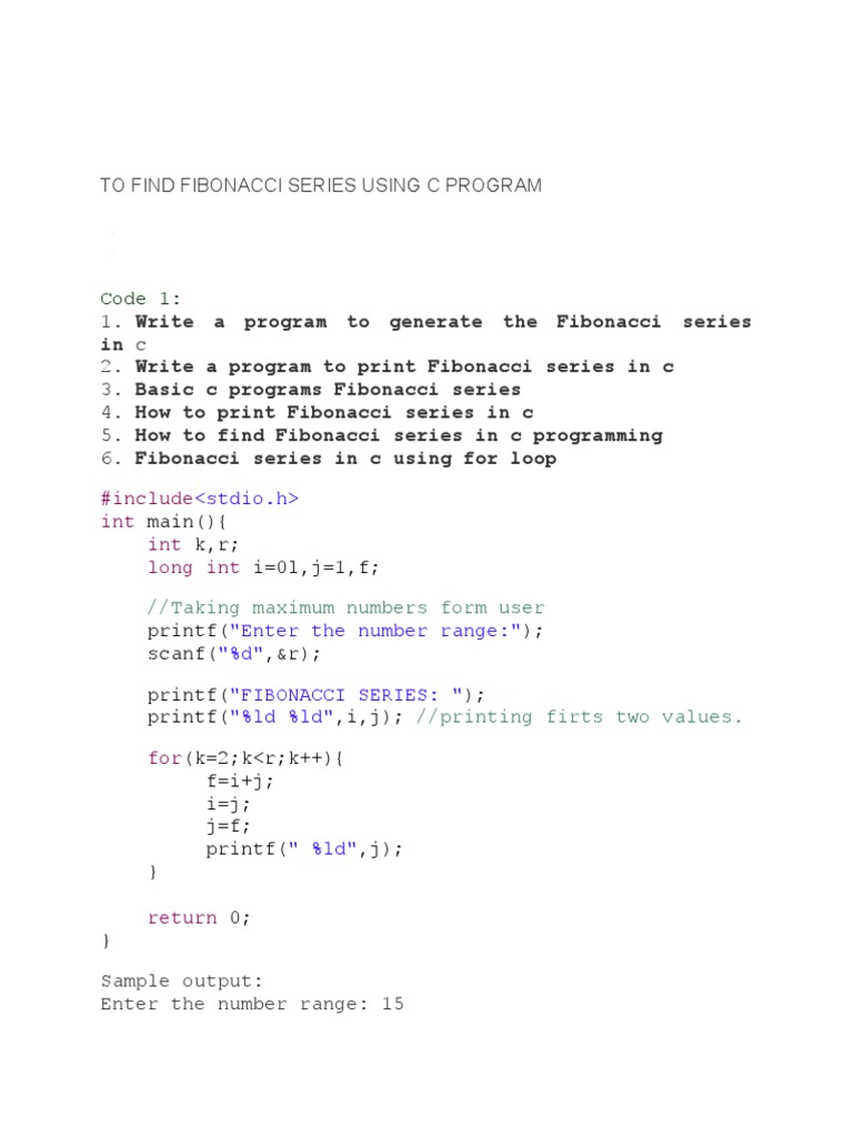 To Find Fibonacci Series Using C Program | PDF