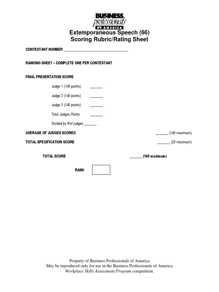 Extemporaneous Speech (66) Scoring Rubric/Rating Sheet | PDF