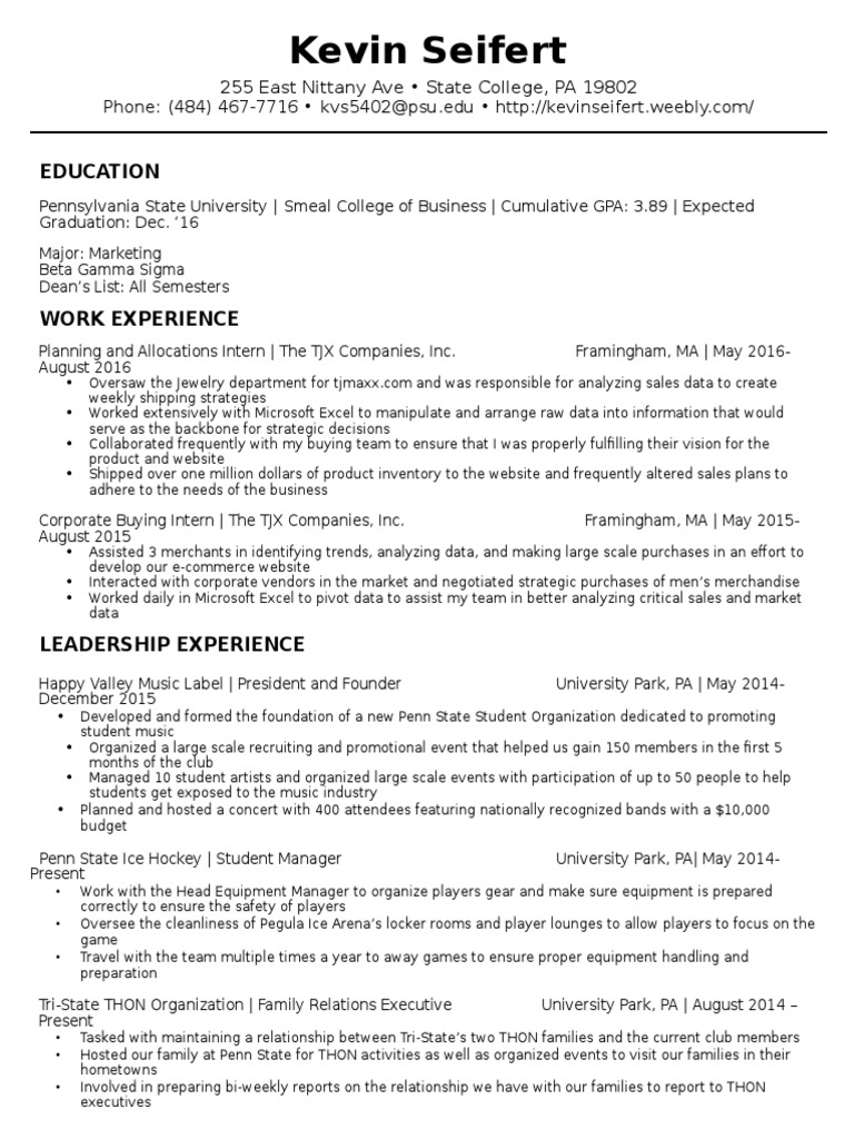 Resume Kevin Seifert | PDF | Pennsylvania State University | Business