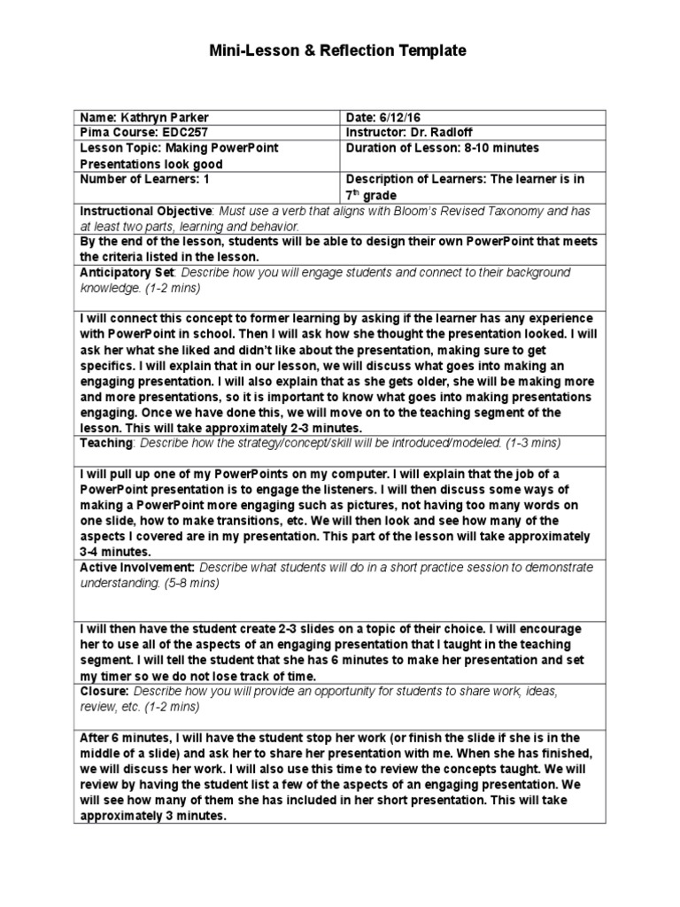 Mini Lesson Reflection Template | PDF | Microsoft Power Point ...