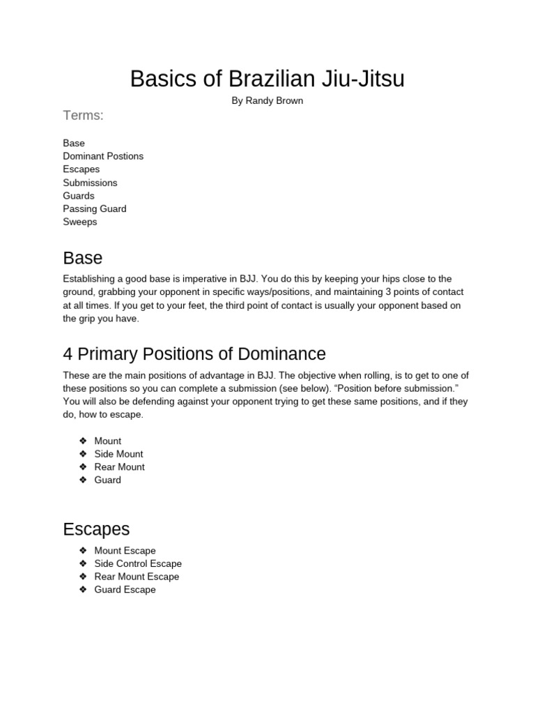 BJJ Basics: Positions, Escapes, Submissions | PDF | Brazilian Jiu Jitsu ...