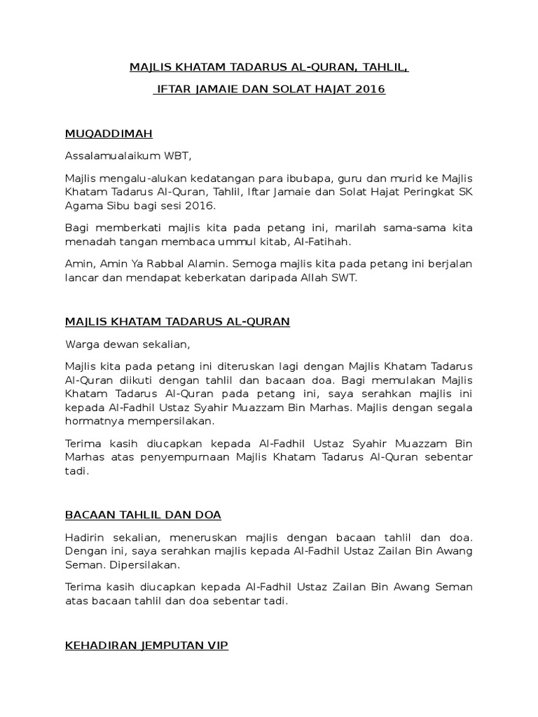 Majlis Khatam Tadarus Al-Quran 2016 - Emcee Text | PDF
