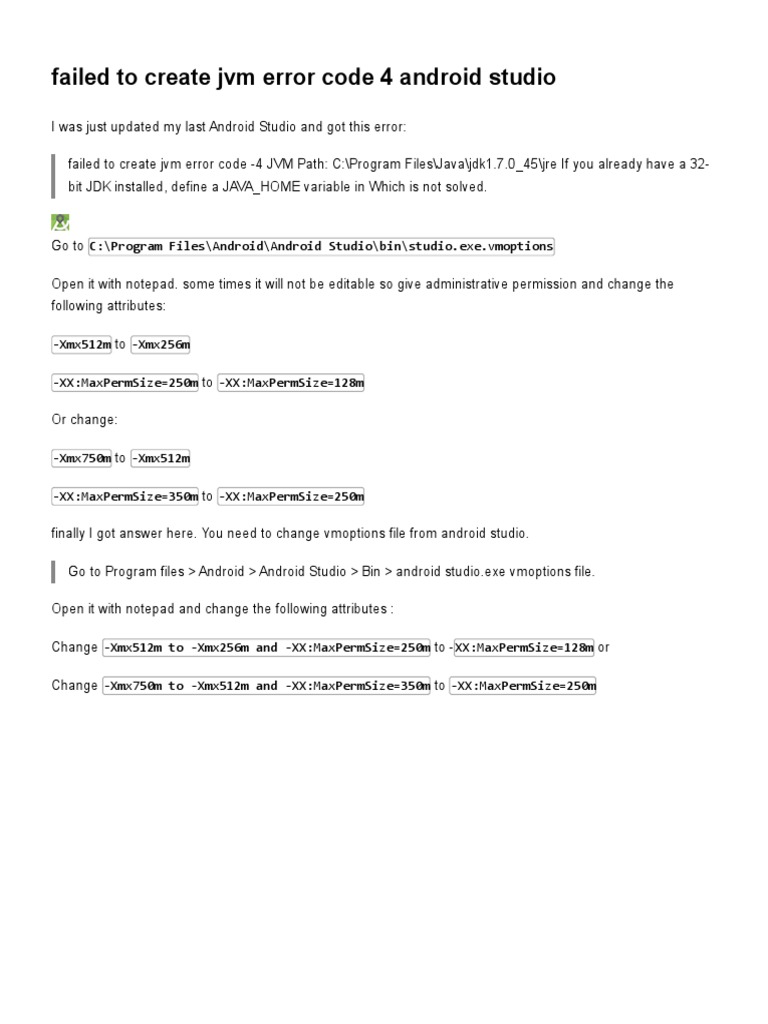 Failed To Create JVM Error Code 4 Android Studio - Stack Overflow | PDF | Java Virtual Machine ...
