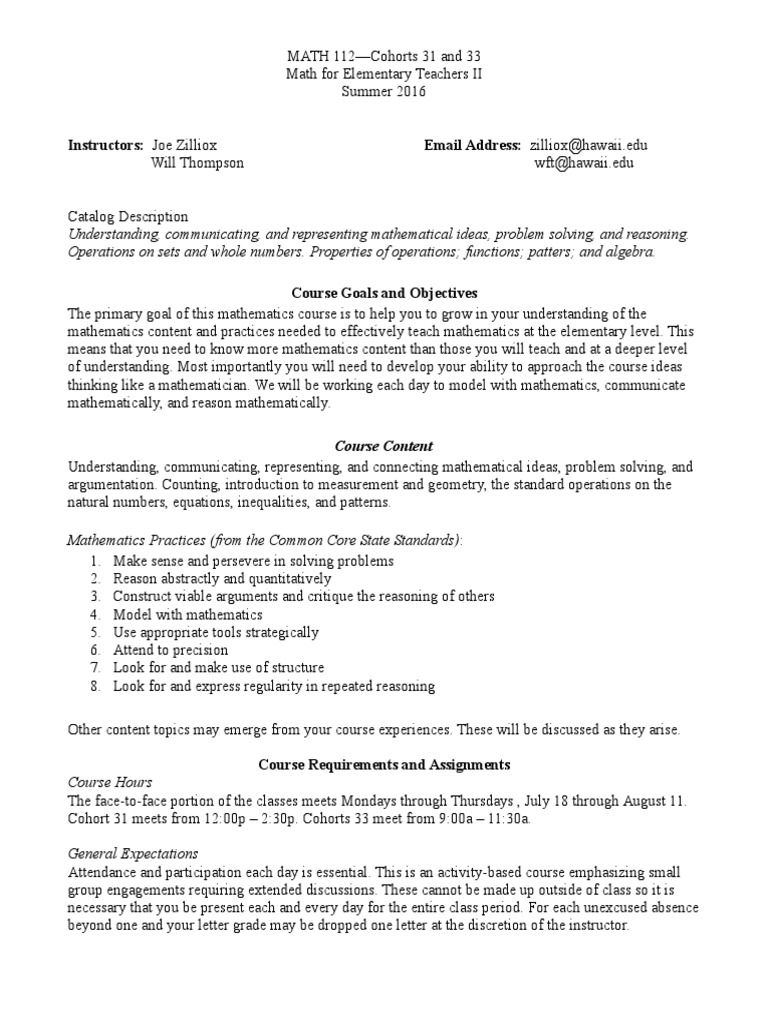 Syllabus Math 112 2016 1 | PDF | Reason | Teaching Mathematics